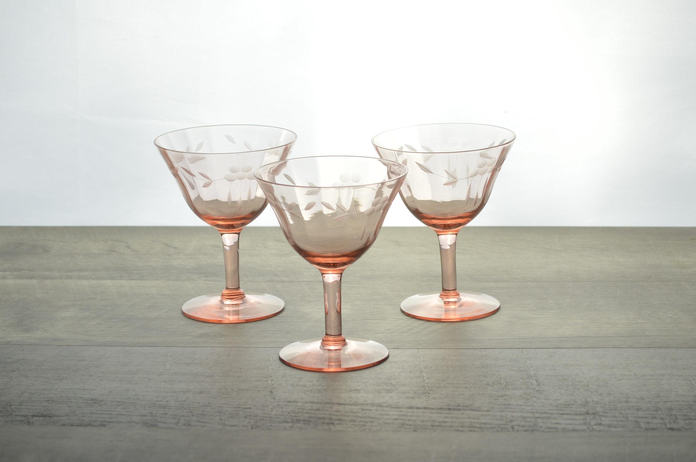 Vintage Pink Depression Glass Etched Stemware Set 3 Elegant Cocktail ...