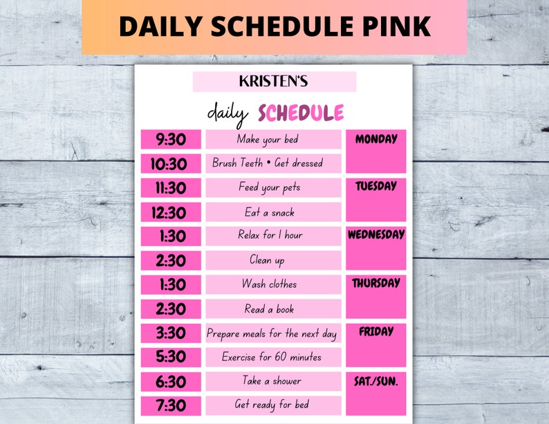 PINK DAILY SCHEDULE, Editable, Pdf, Printable, Chore Chart, Schedule ...