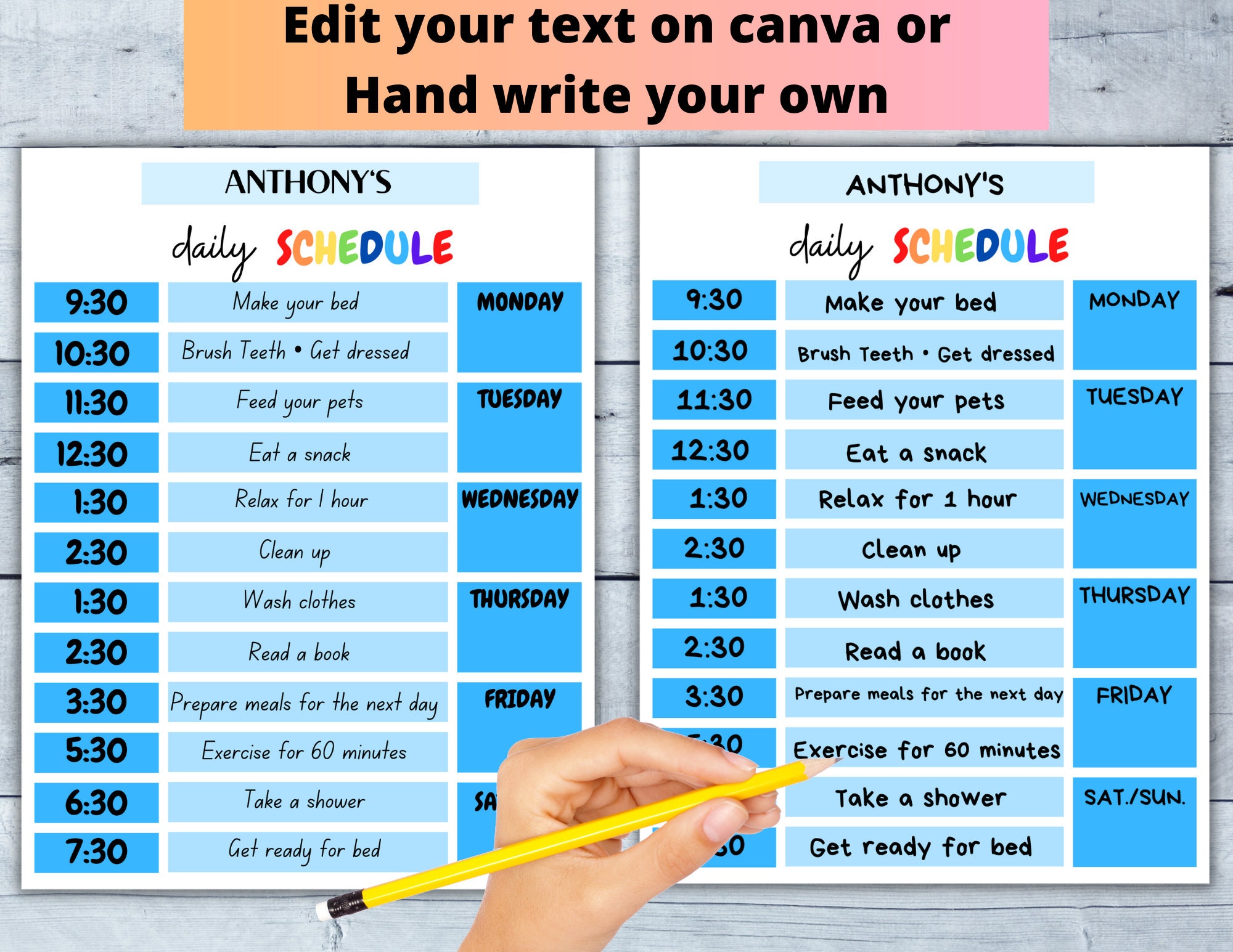 BLUE DAILY SCHEDULE, Editable, Pdf, Printable, Chore Chart, Schedule ...