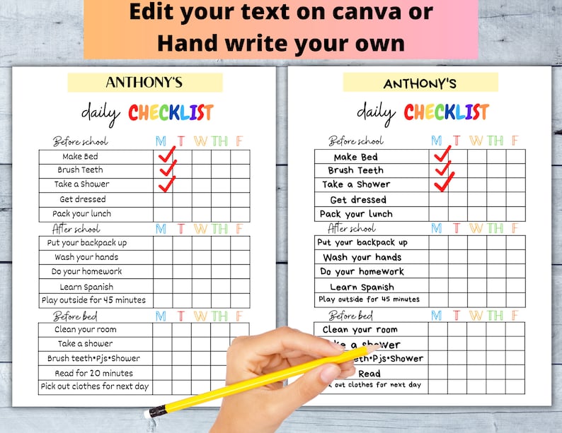 EDITABLE & PRINTABLE DAILY Checklist for Kids, Chore Chart for Kids ...