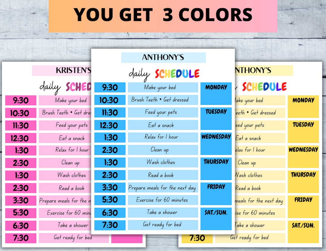 3 COLORS BUNDLE Daily Schedule Template Editable PDF , Chore Chart ...