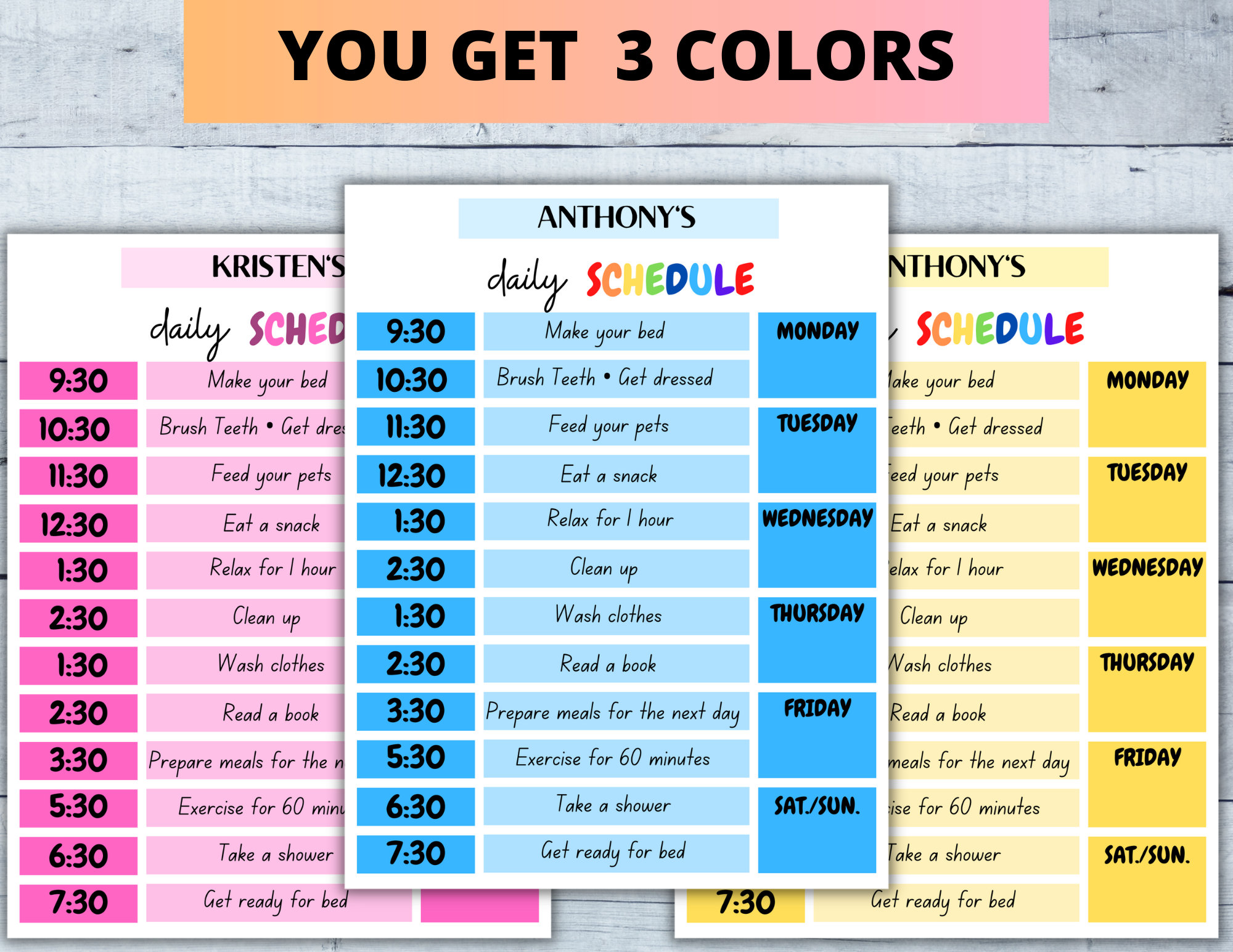 3 COLORS BUNDLE Daily Schedule Template Editable PDF , Chore Chart ...