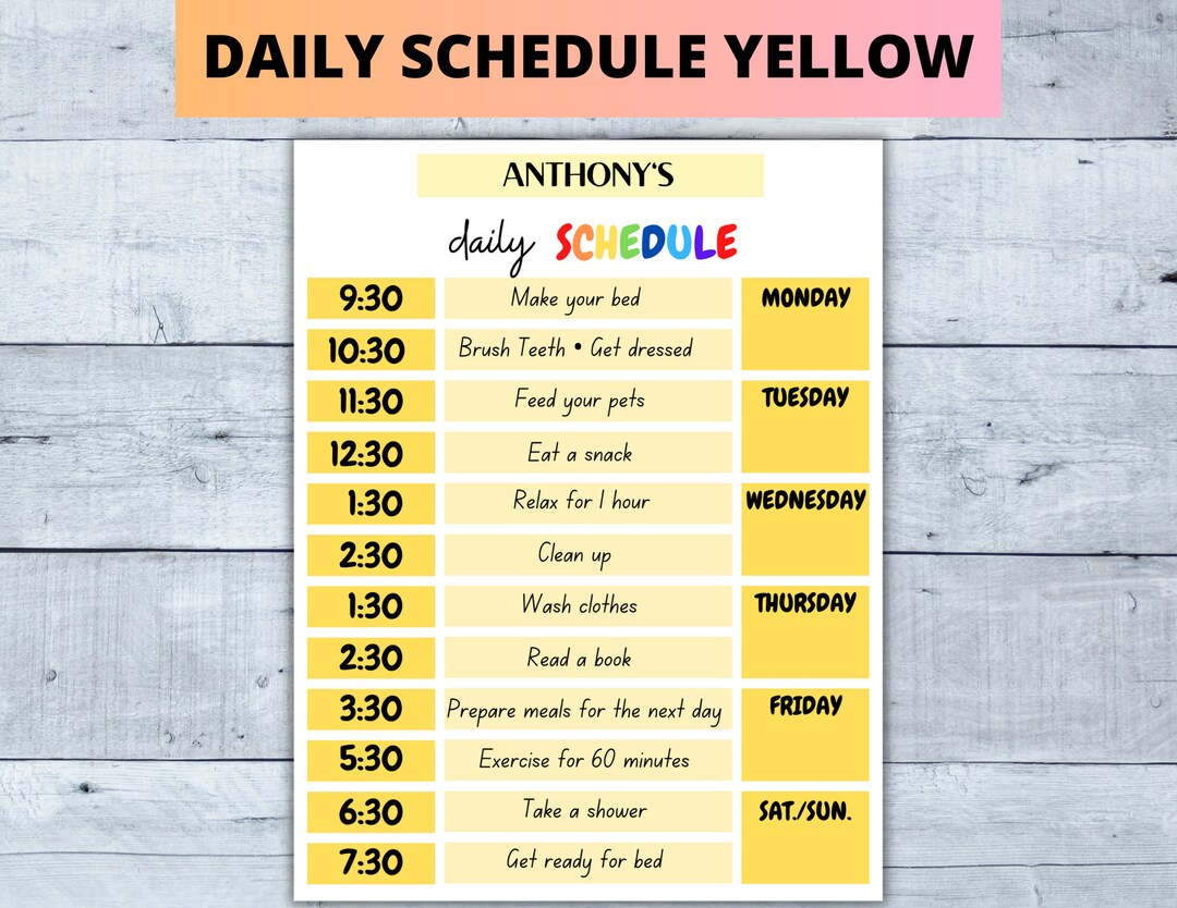 YELLOW DAILY SCHEDULE, Editable, Pdf, Printable, Chore Chart, Schedule ...