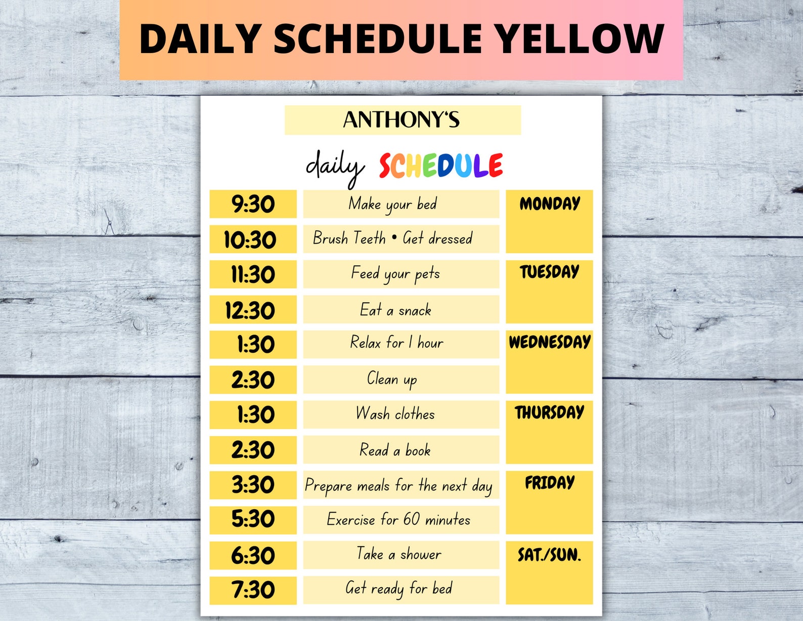 YELLOW DAILY SCHEDULE, Editable, Pdf, Printable, Chore Chart, Schedule ...