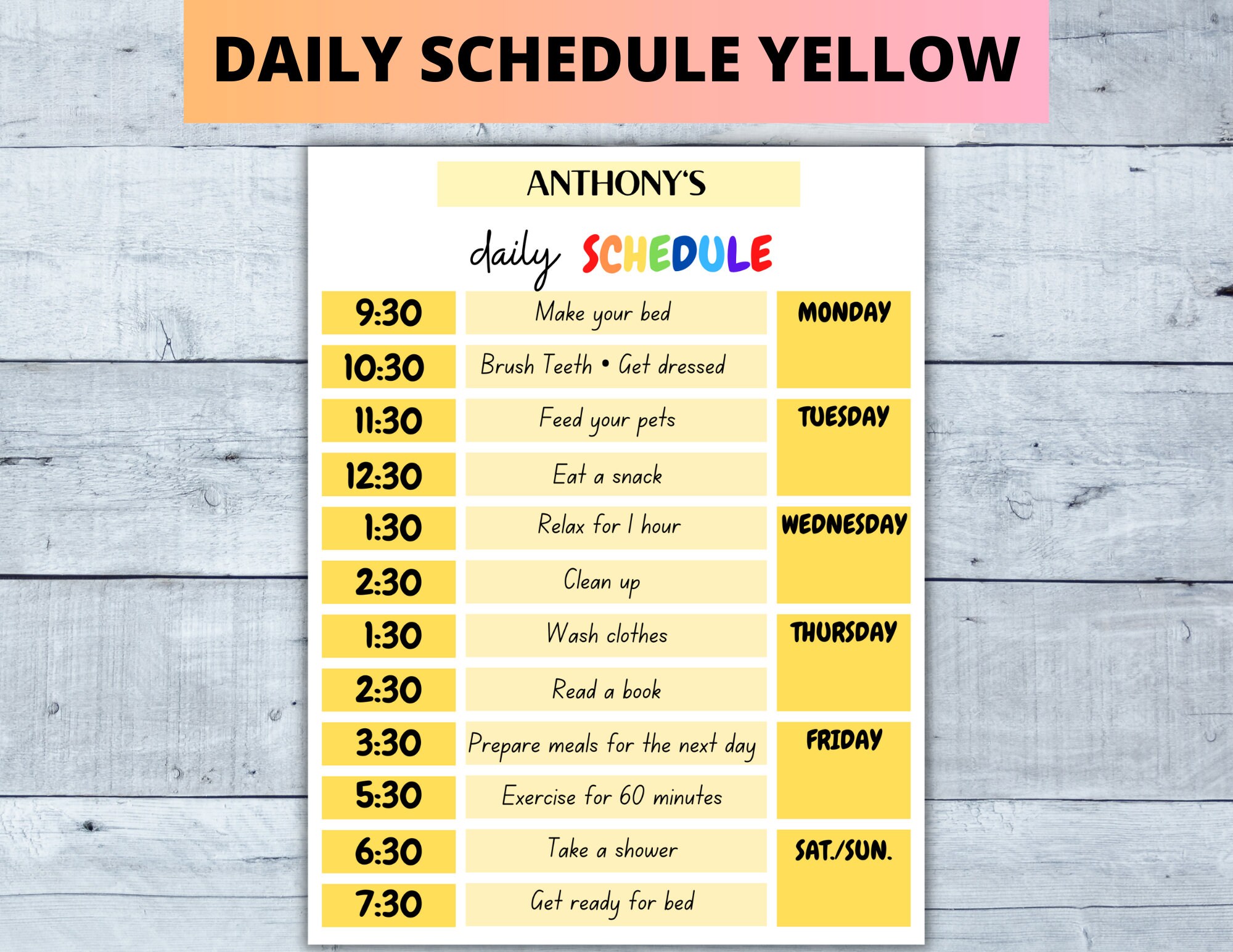 YELLOW DAILY SCHEDULE, Editable, Pdf, Printable, Chore Chart, Schedule ...