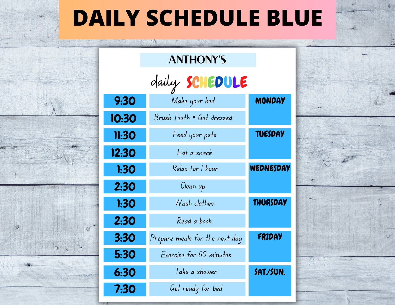 BLUE DAILY SCHEDULE, Editable, Pdf, Printable, Chore Chart, Schedule ...
