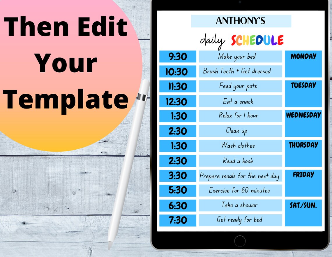 BLUE DAILY SCHEDULE, Editable, Pdf, Printable, Chore Chart, Schedule ...