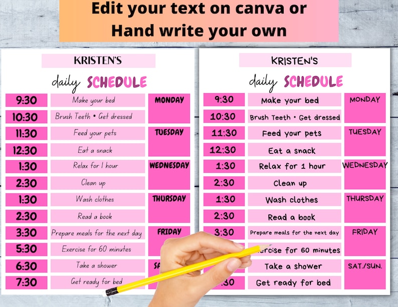 PINK DAILY SCHEDULE, Editable, Pdf, Printable, Chore Chart, Schedule ...