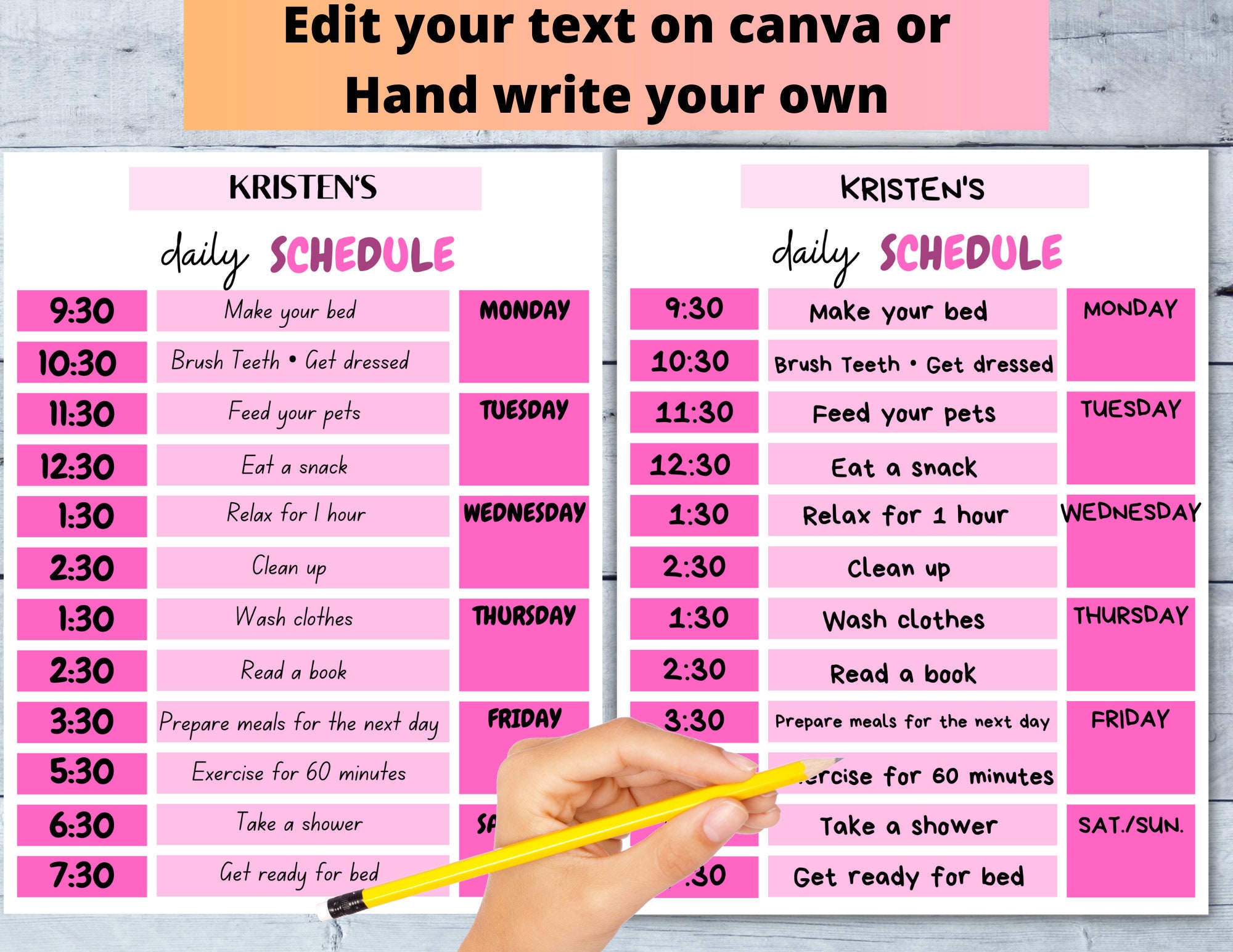 PINK DAILY SCHEDULE, Editable, Pdf, Printable, Chore Chart, Schedule ...