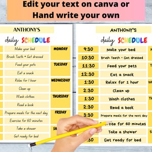 YELLOW DAILY SCHEDULE, Editable, Pdf, Printable, Chore Chart, Schedule ...
