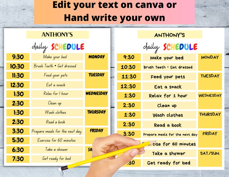 YELLOW DAILY SCHEDULE, Editable, Pdf, Printable, Chore Chart, Schedule ...