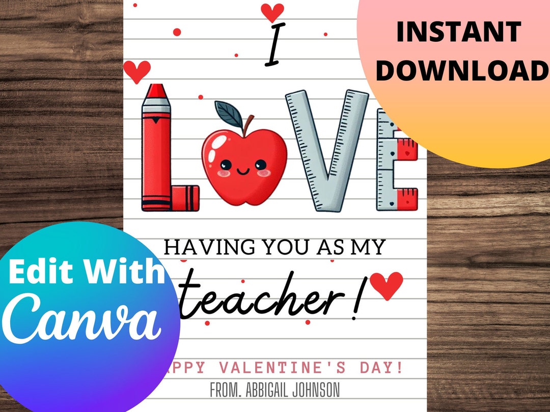 I Love Having You as My Teacher Valentine's Day Card, Preschool ...