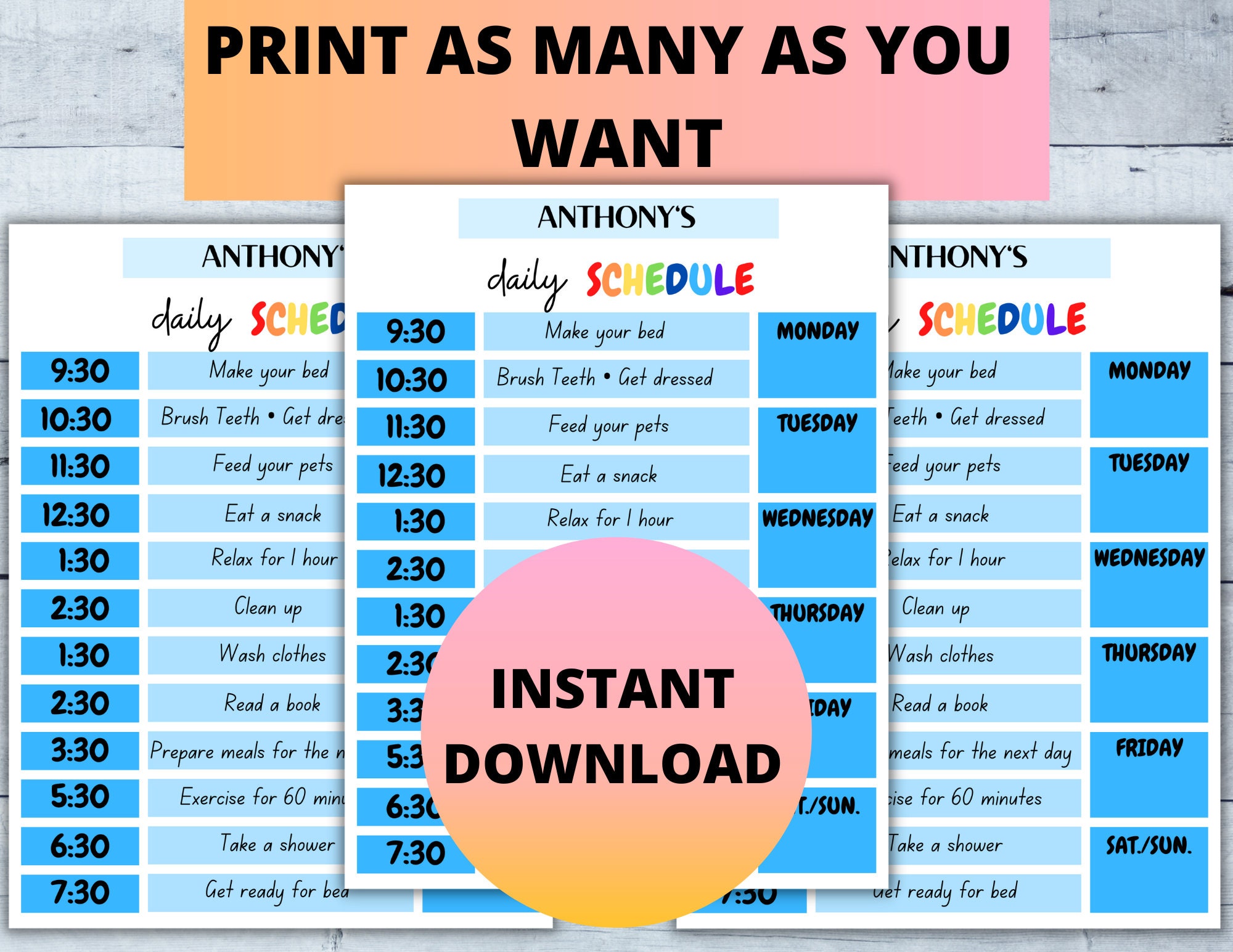 BLUE DAILY SCHEDULE, Editable, Pdf, Printable, Chore Chart, Schedule ...