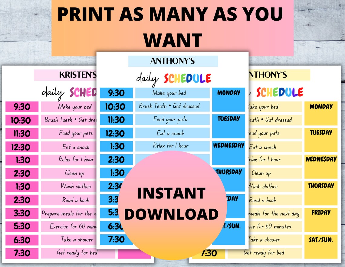 3 COLORS BUNDLE Daily Schedule Template Editable PDF , Chore Chart ...