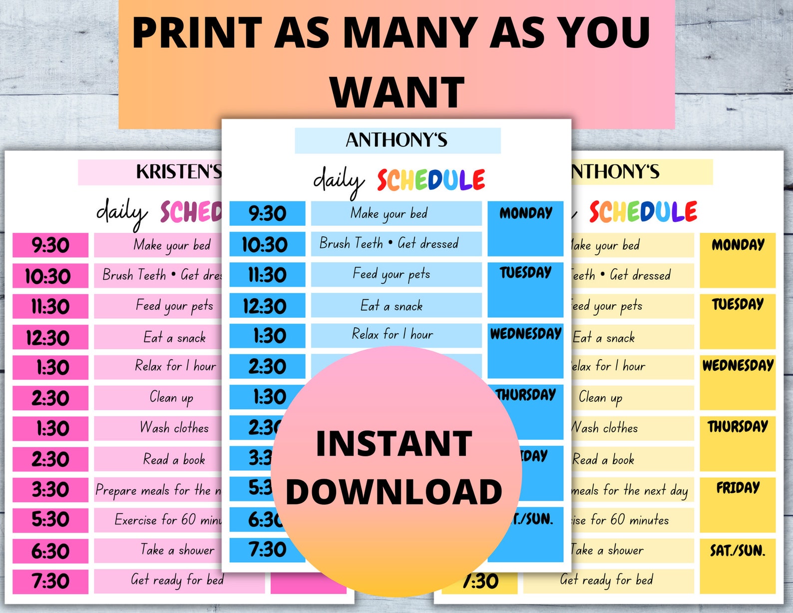 3 COLORS BUNDLE Daily Schedule Template Editable PDF , Chore Chart ...