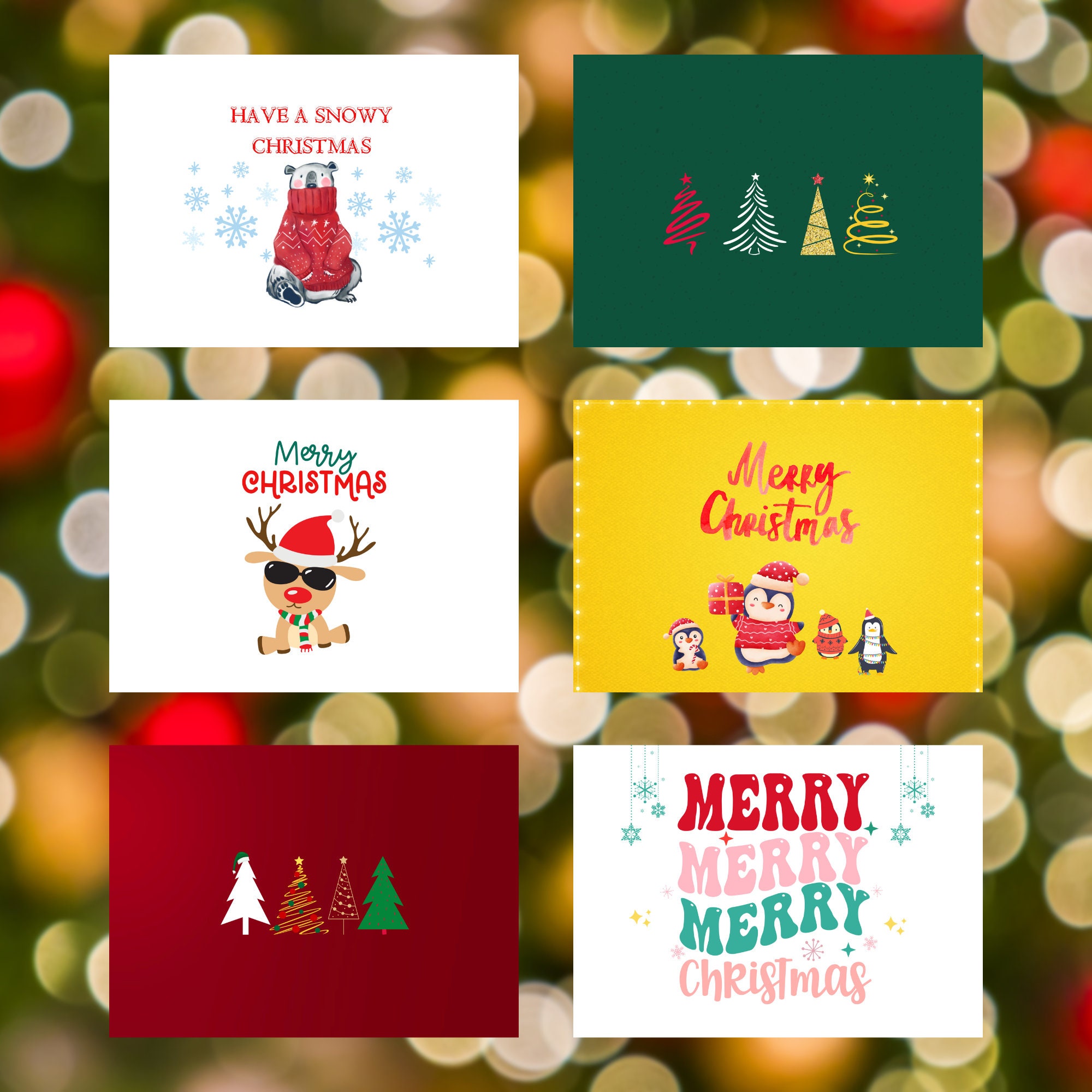 Christmas Card Set of Six, Christmas Tree Card, Penguin Card, Merry ...