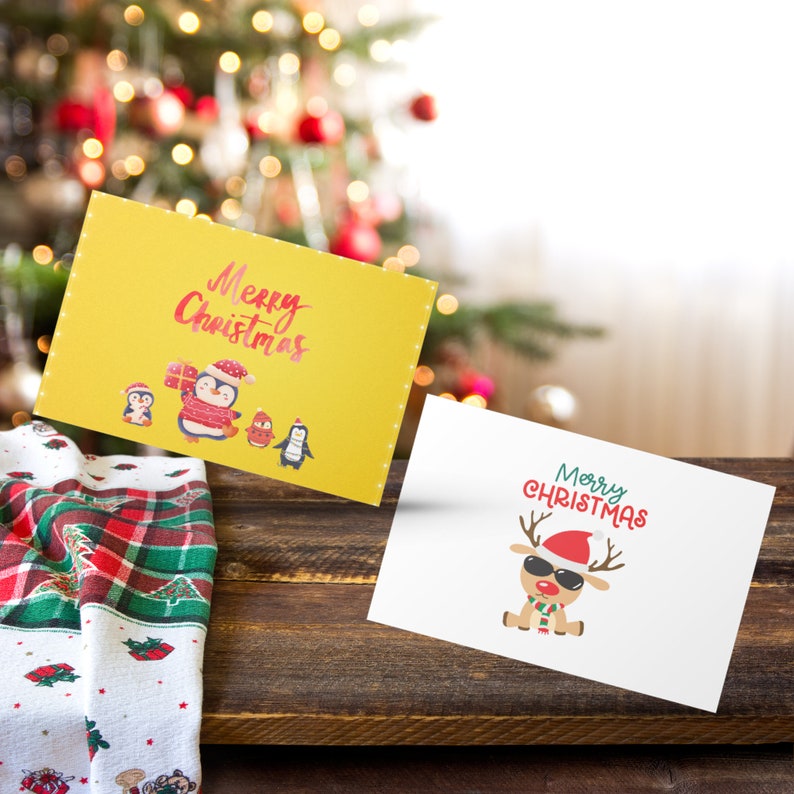 Christmas Card Set of Six, Christmas Tree Card, Penguin Card, Merry ...