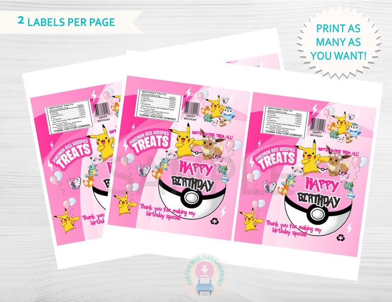 INSTANT DOWNLOAD Rice Krispies Labels, Birthday Party, Pokemon Party ...