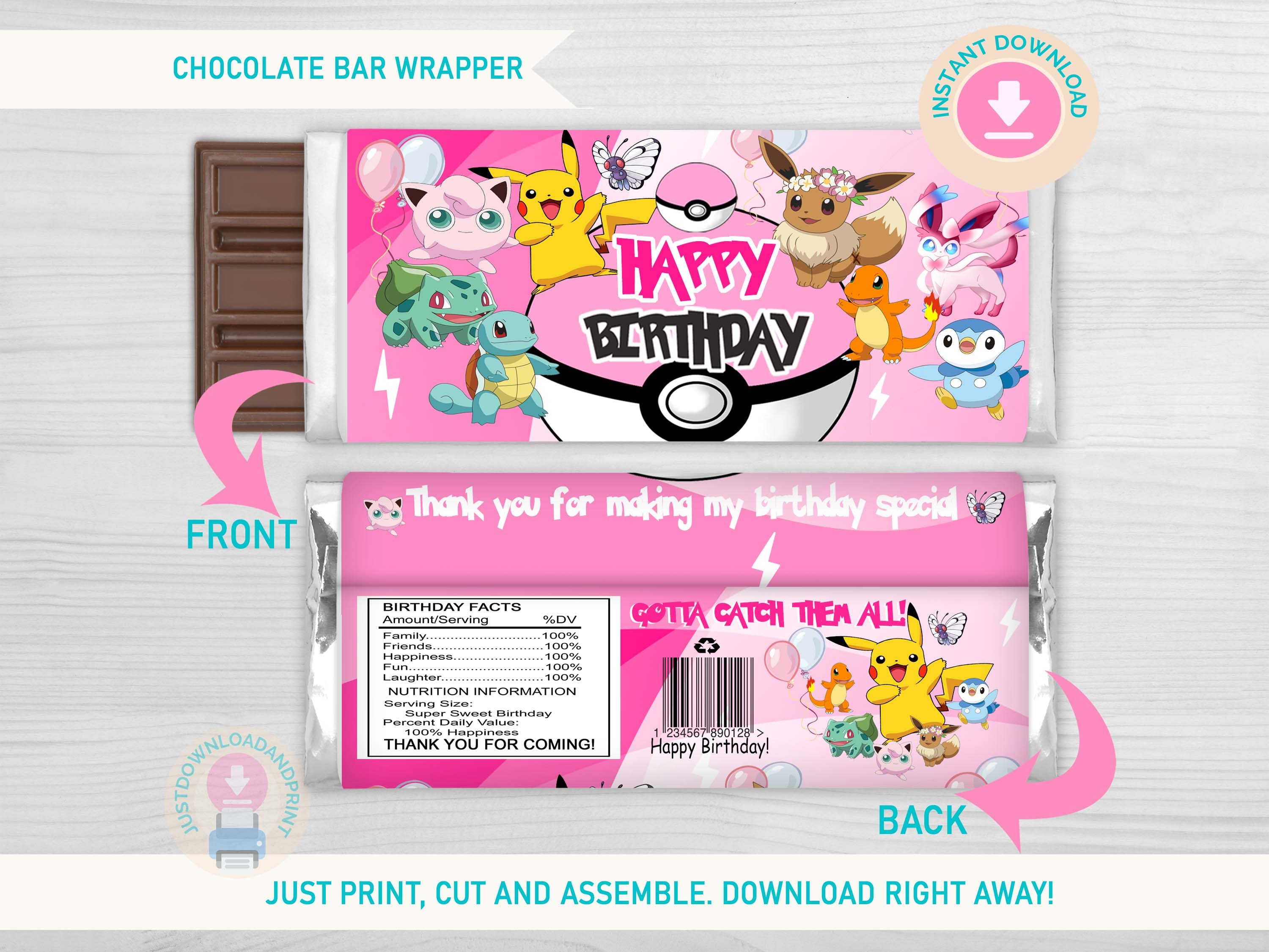 INSTANT DOWNLOAD Chocolate Bar Wrapper, Birthday Party Decor, Pink ...