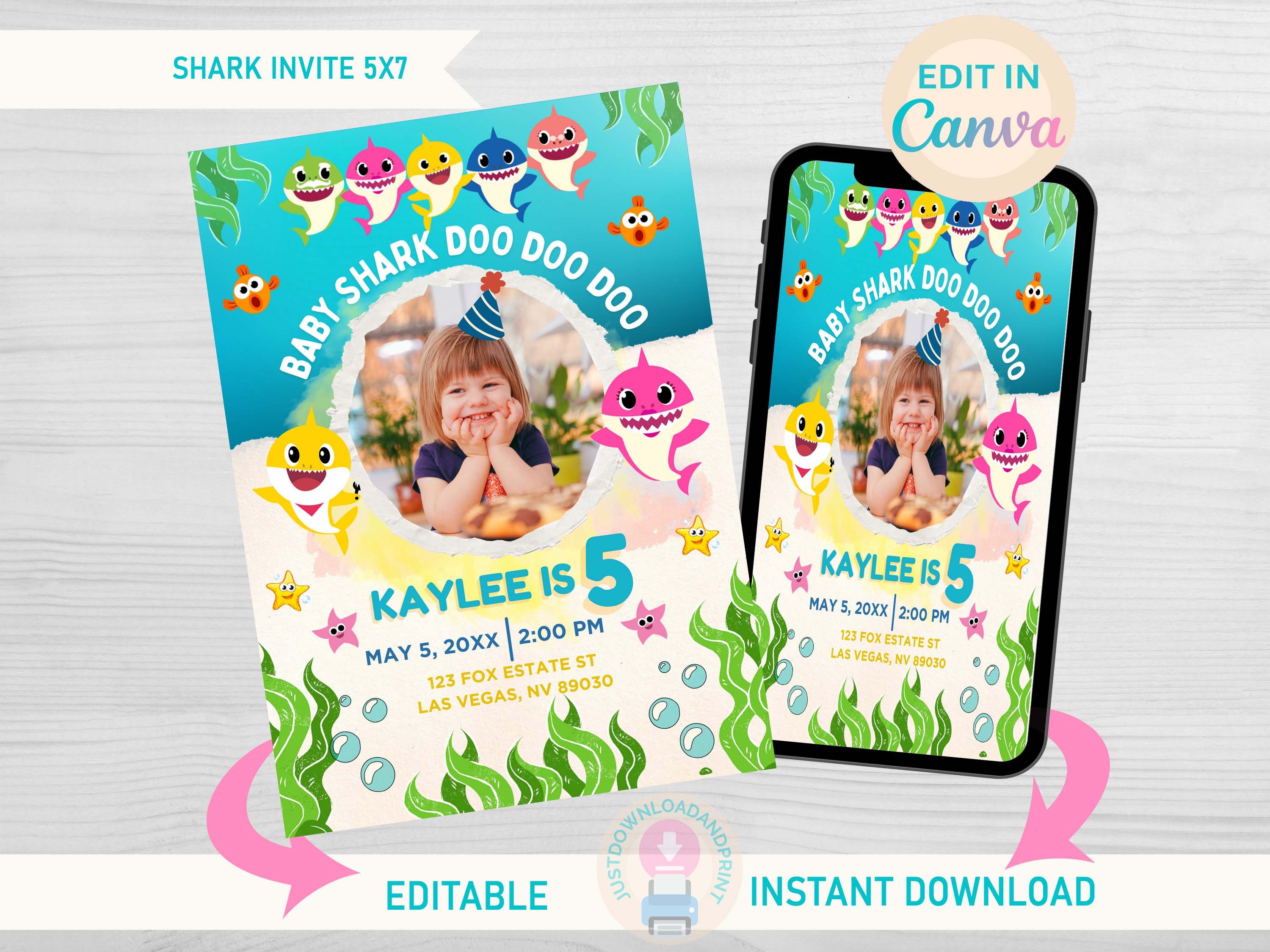 INSTANT Download Editable Baby Shark Invite, Shark Birthday Invitation ...