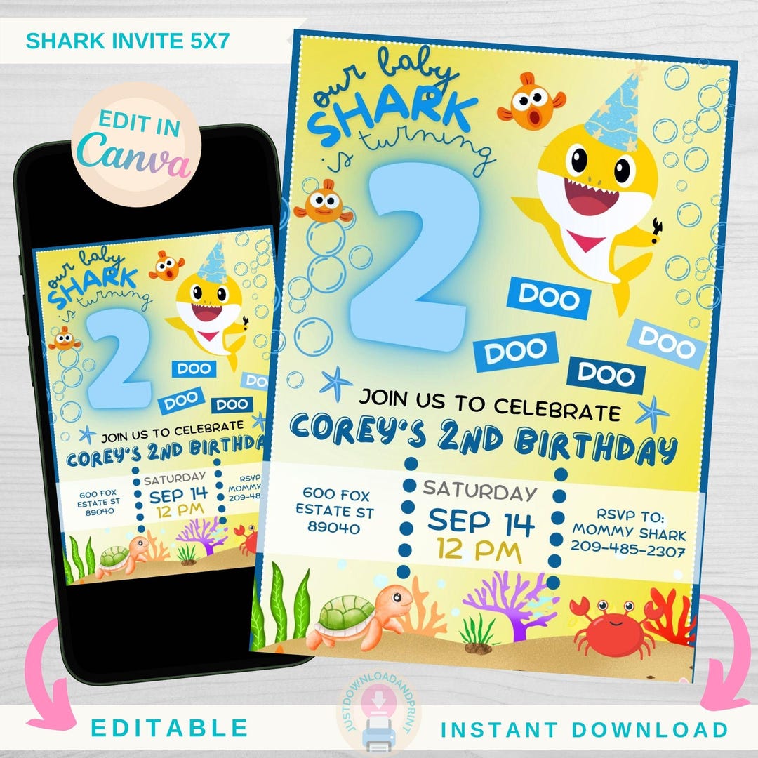 Editable Baby Shark Invite, Shark Birthday Invitation, Birthday Party ...