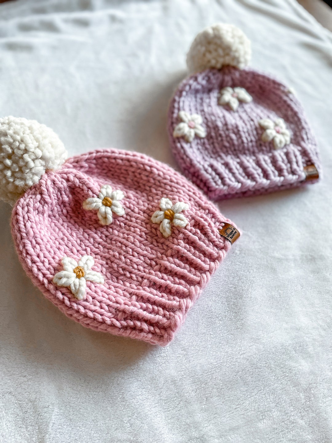 Floral Chunky Knit Hat | Custom Embroidered Hat | Hand Knit Hat | Baby ...