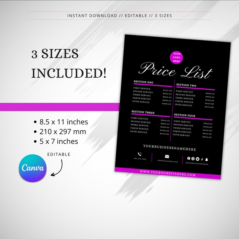 Small Business Price List Template - Salon Price List - Price Sheet ...