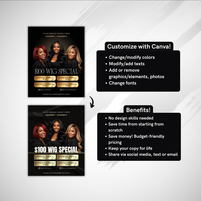 Wig Install Flyer: Black & Gold Canva Template (digital Download - Etsy