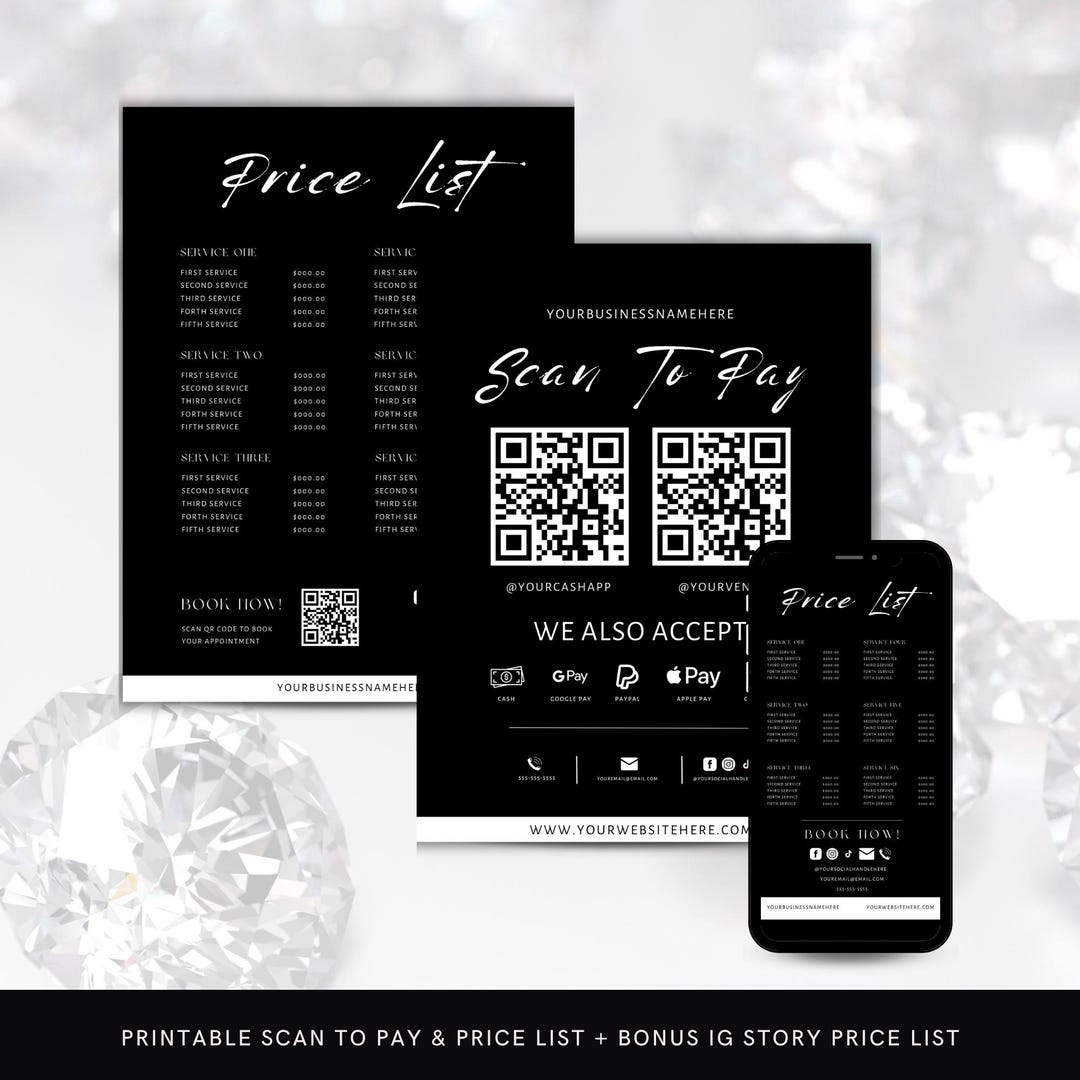 QR Code Scan to Pay Sign: Salon Price List Template (digital Download ...