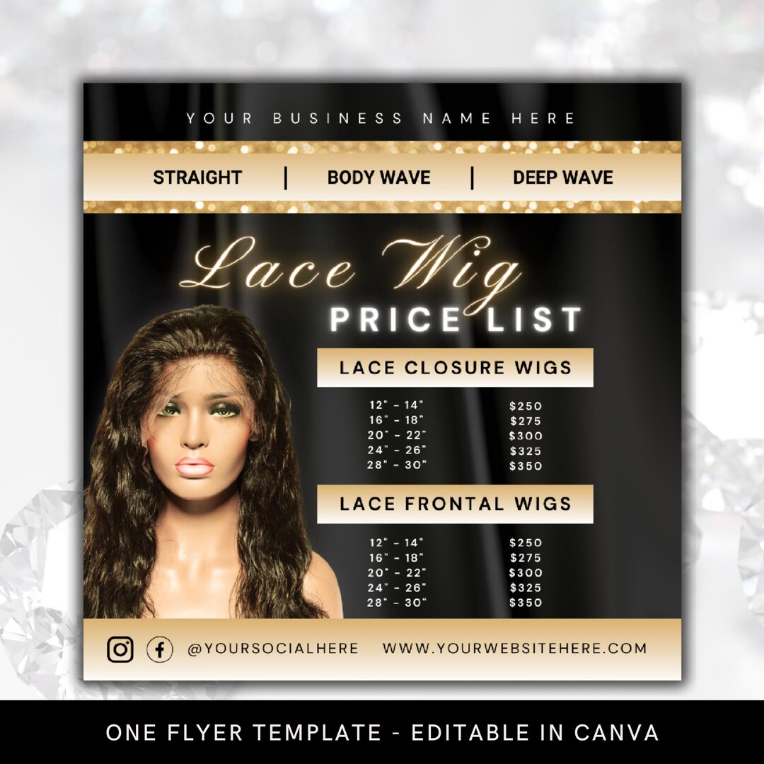 Wig Price List Template: Black & Gold Canva Flyer (digital Download ...
