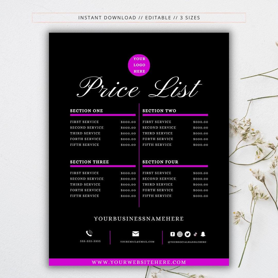 Small Business Price List Template - Salon Price List - Price Sheet ...