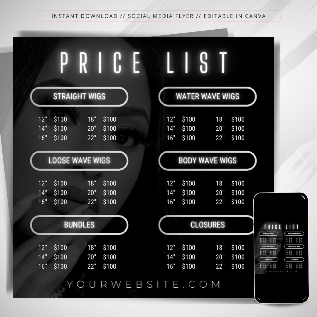 Price List Template Canva - Bundles Price List - Hair Extensions Flyer ...