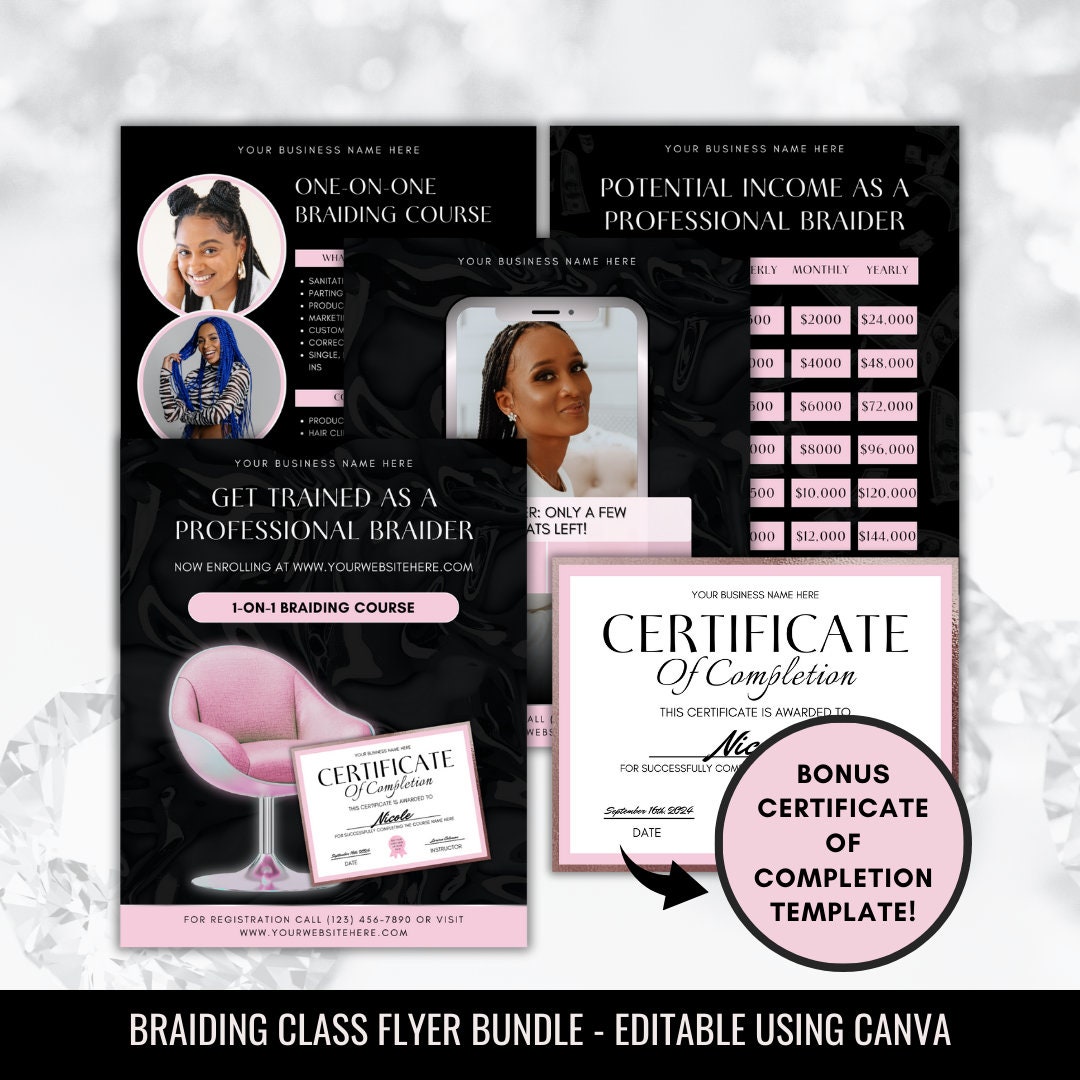 Hair Braiding Course Flyer Template Bundle: Braid Class, Certificate ...