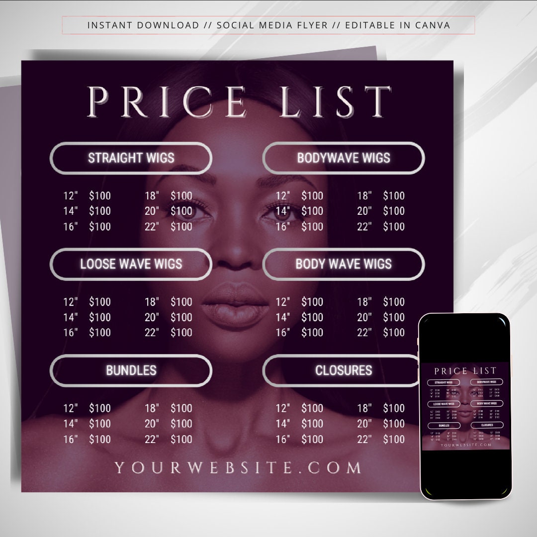 Price List Template Canva - Wig Price List - Hair Price List Template ...