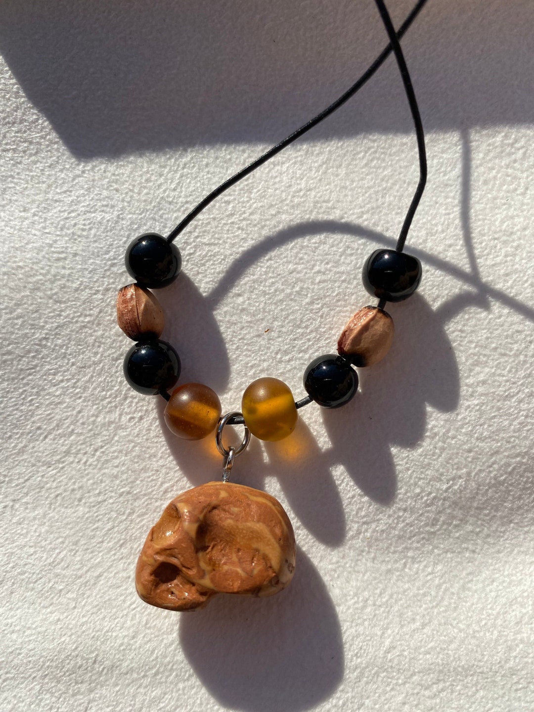 Hand Carved Skull Peach Pit Cherry Pits Glass Beads Pendant Necklace - Etsy