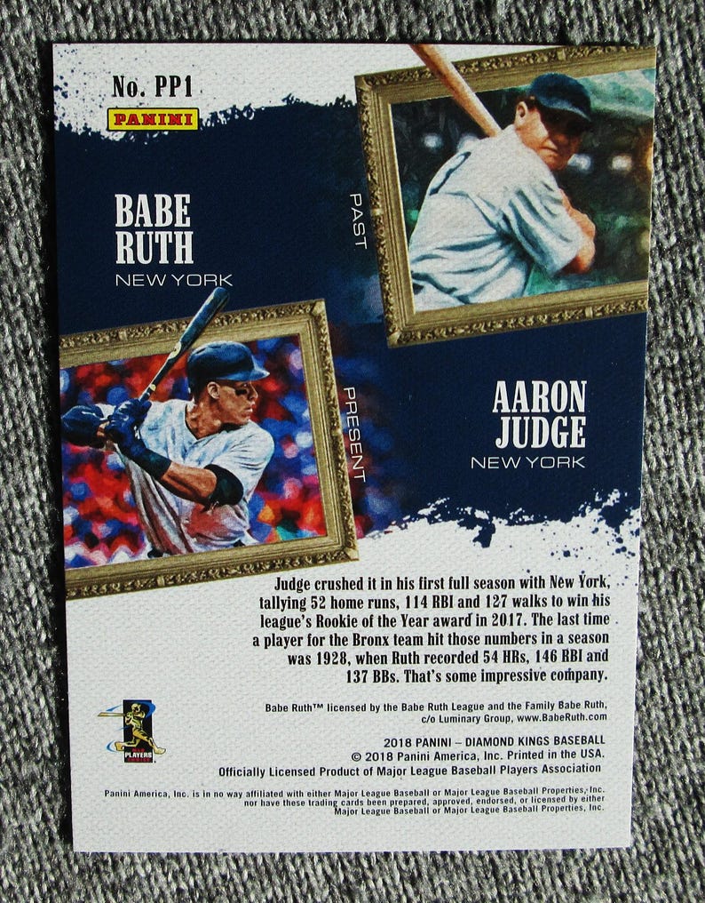 Aaron Judge / Babe Ruth Baseball Card Past and Present New York Yankees ...