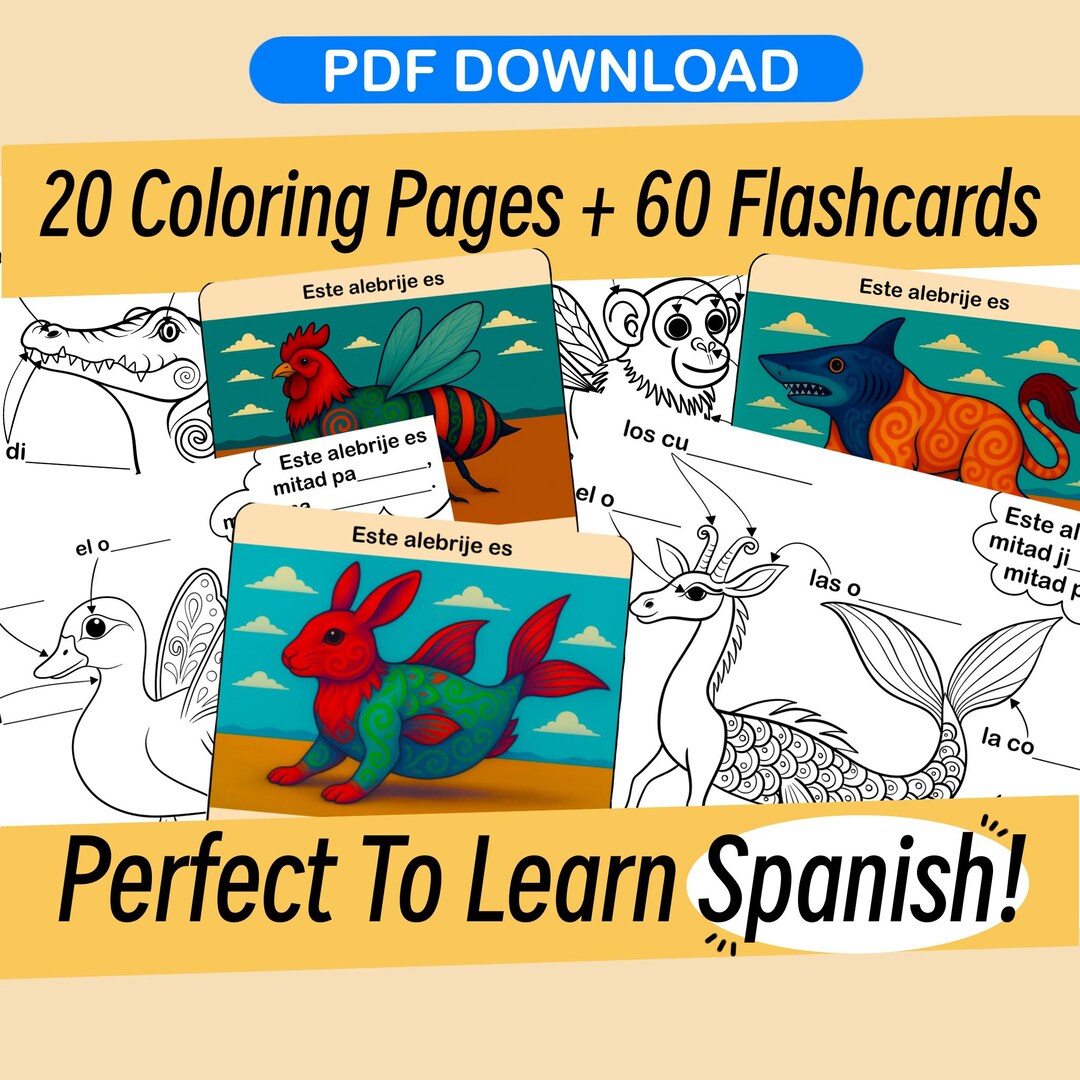 Spanish Coloring Pages + Flashcards Bundle | Alebrije Animals A1-A2 ...