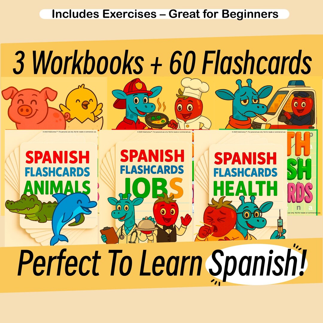 Spanish Learning Bundle A1-A2 | 3 Workbooks + 60 Flashcards | Digital ...