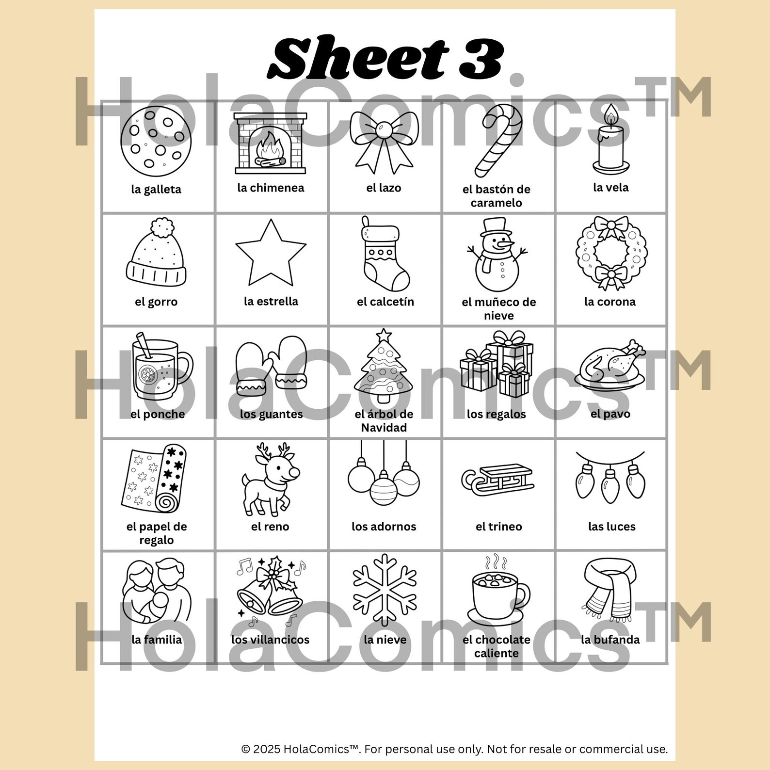 Spanish Christmas Bingo | Black & White Outline Pictures + Words ...