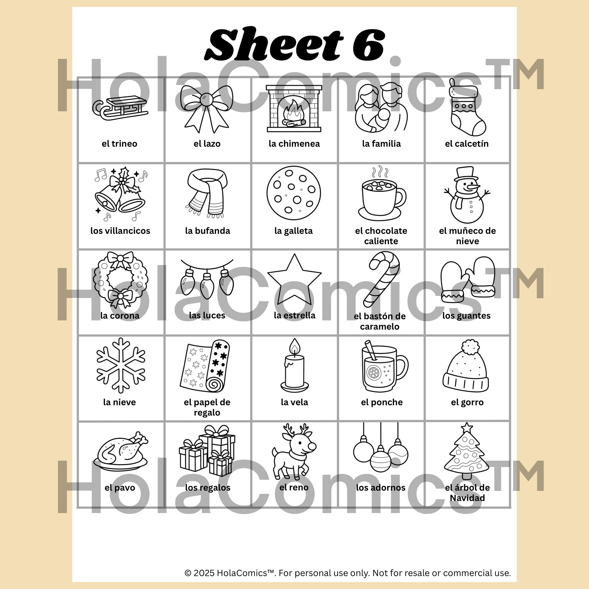 Spanish Christmas Bingo | Black & White Outline Pictures + Words ...