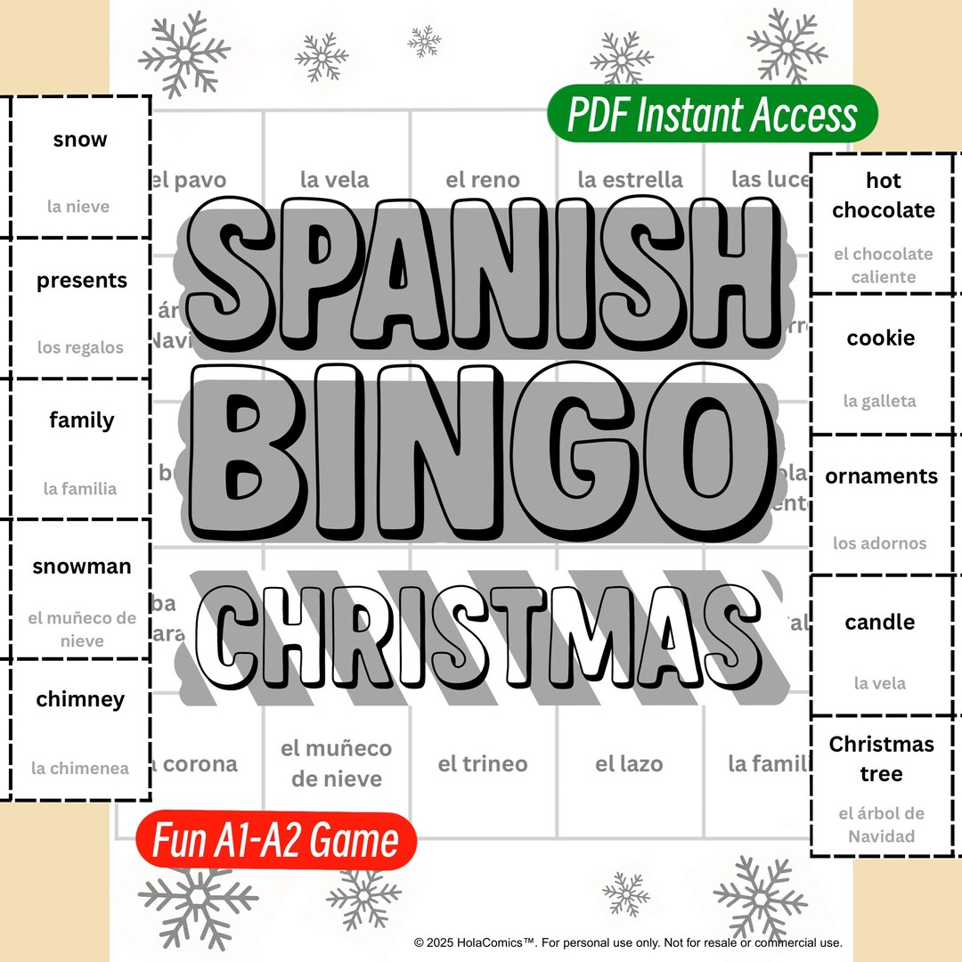 Spanish Christmas Bingo Black & White Words Only | Printer Friendly ...