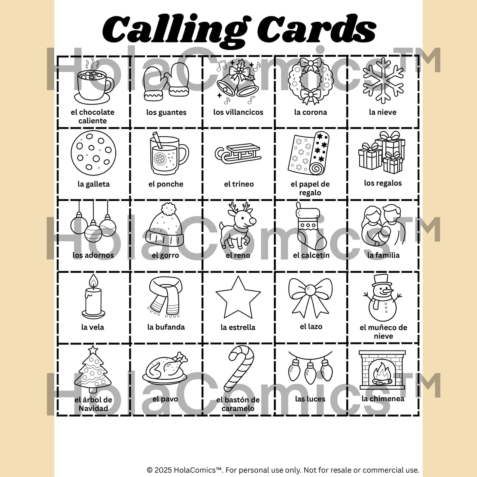 Spanish Christmas Bingo | Black & White Outline Pictures + Words ...