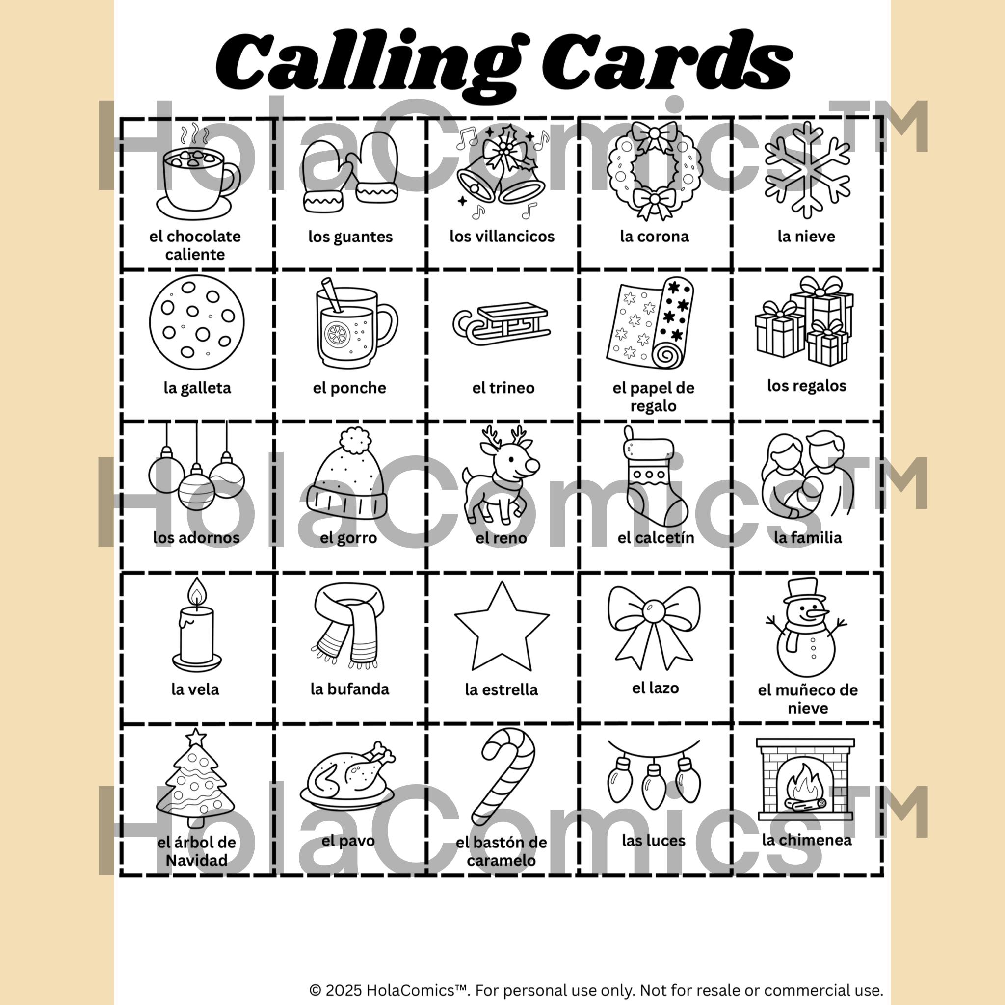 Spanish Christmas Bingo | Black & White Outline Pictures + Words ...