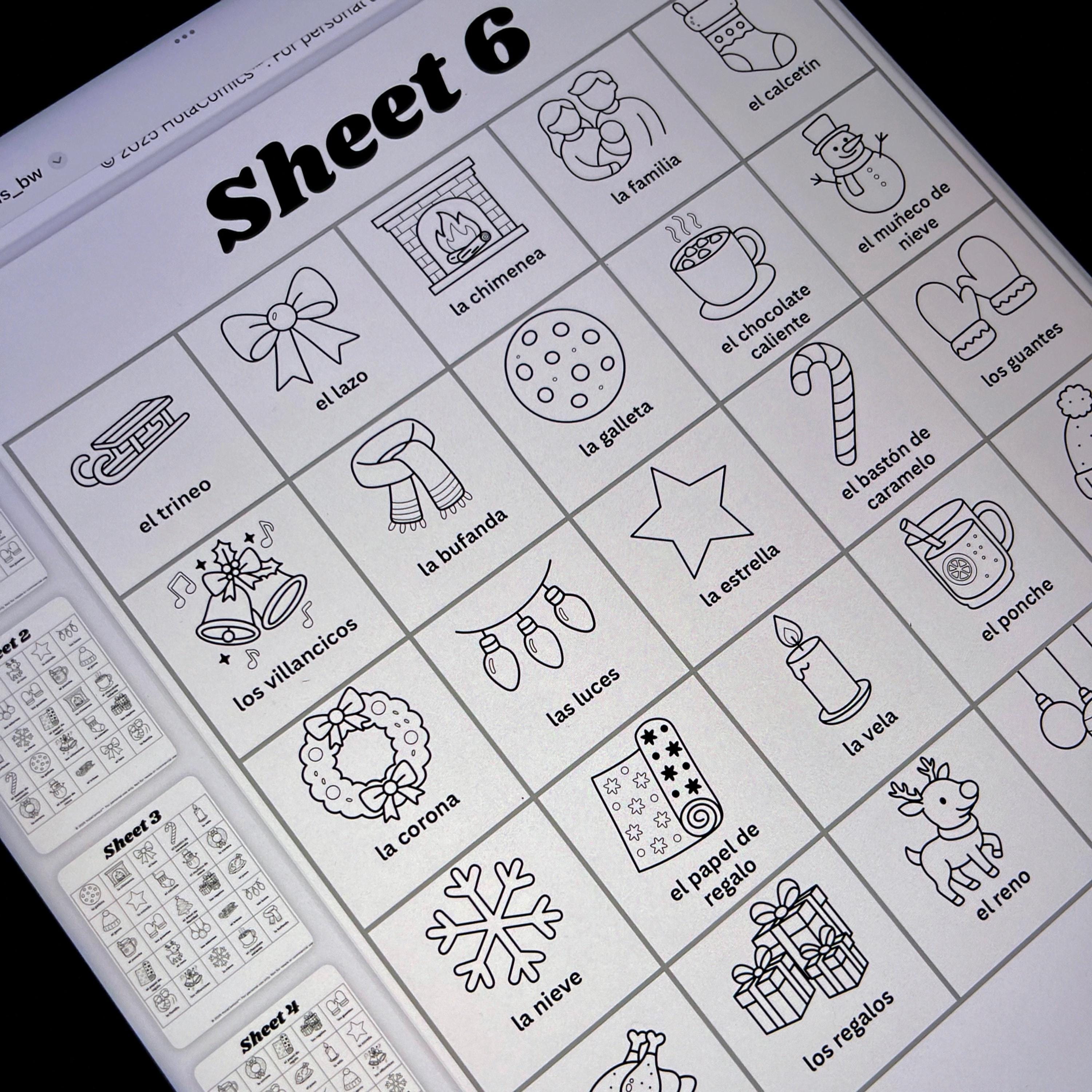 Spanish Christmas Bingo | Black & White Outline Pictures + Words ...