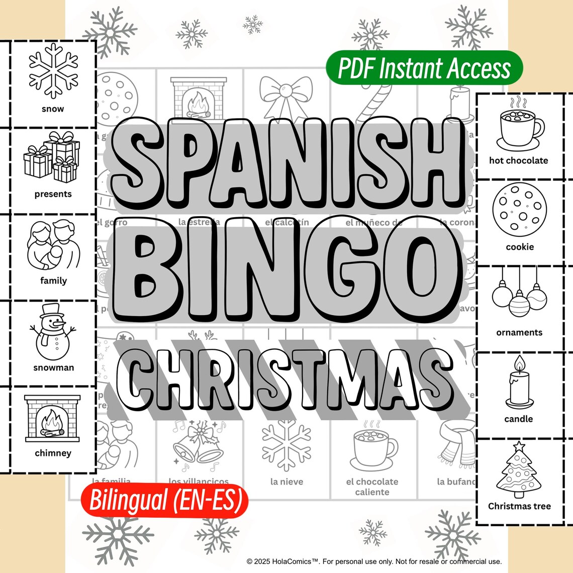Spanish Christmas Bingo | Black & White Outline Pictures + Words ...