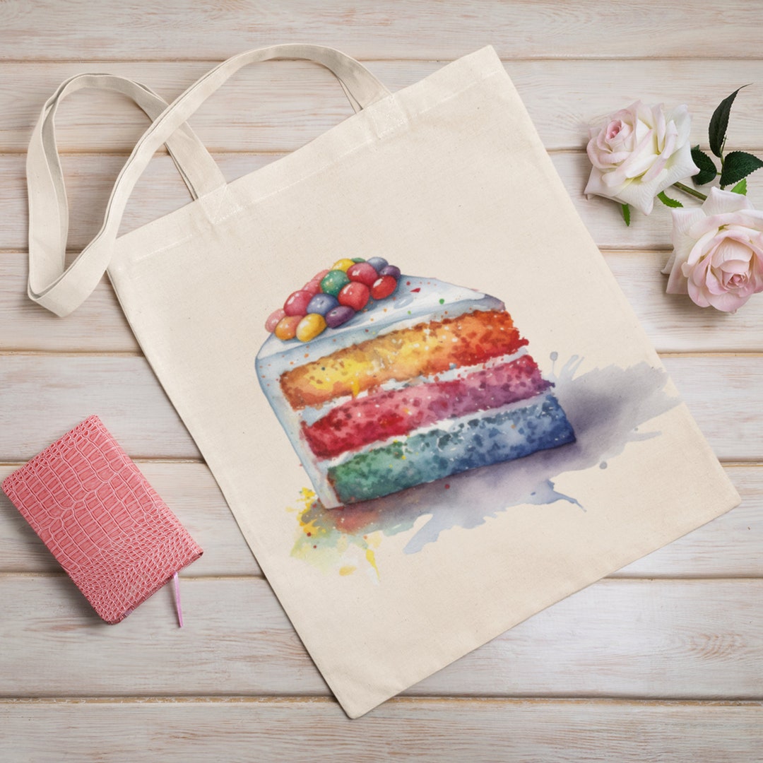 Watercolor Cake Slice Tote Bag: Rainbow Dessert, Cotton Canvas - Etsy