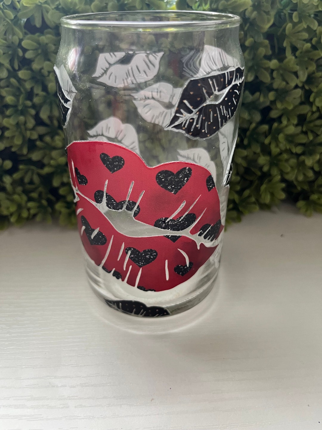 Glass Cup 16 Oz Valentines Day Cup lips Red & Black Cute Glass Cup Beer ...