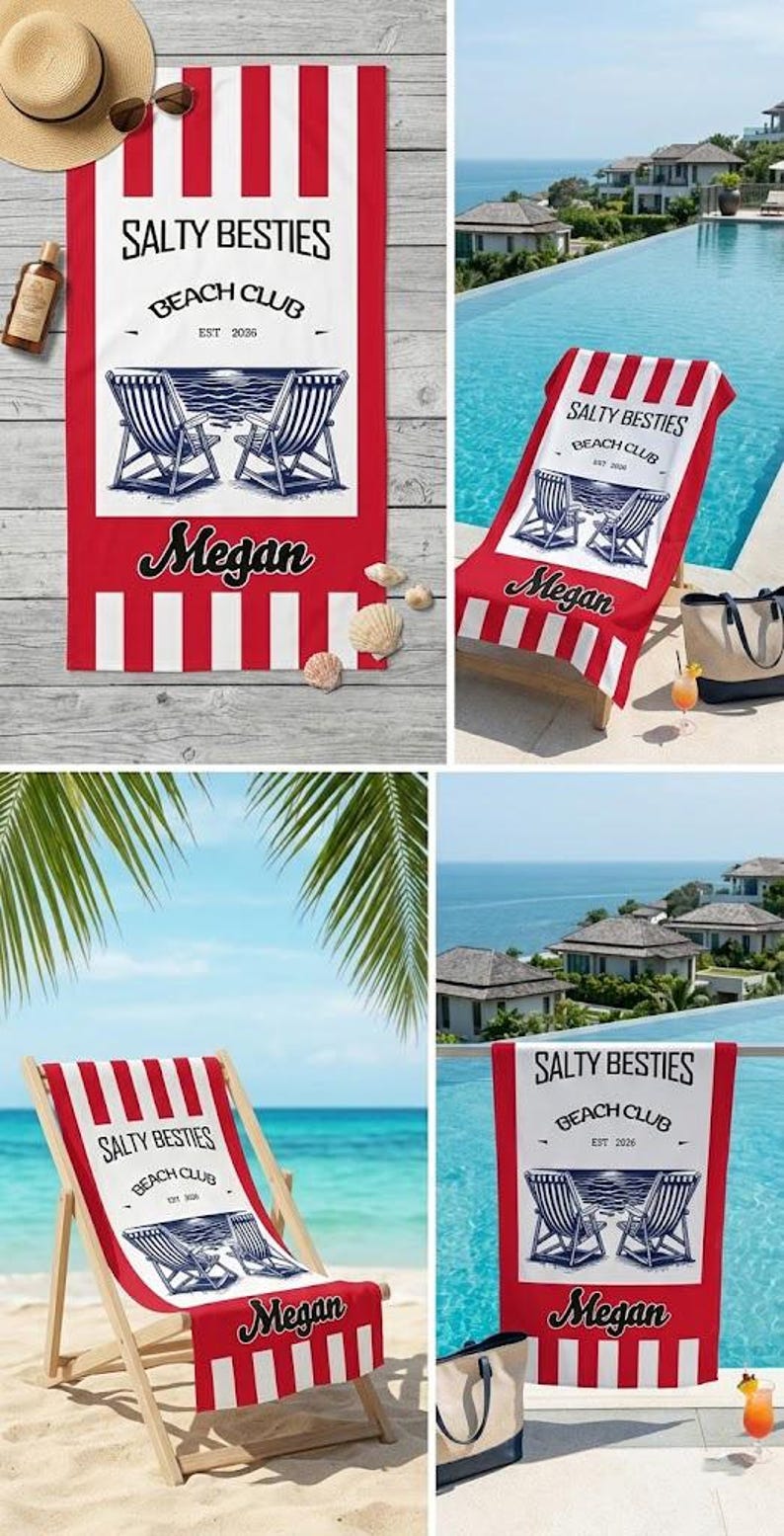 Personalized Salty Moms Beach Club Retro Towel, Cute Aesthetic Summer ...