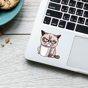 Grumpy Morning Cat Meme Sticker, Good Morning, Tired Cat Sticker, Vinyl ...