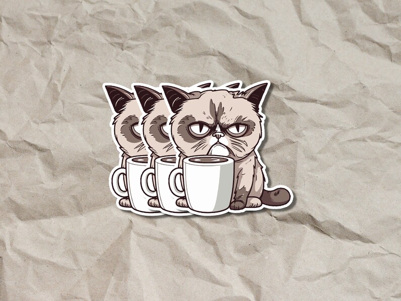 Grumpy Morning Cat Meme Sticker, Good Morning, Tired Cat Sticker, Vinyl ...